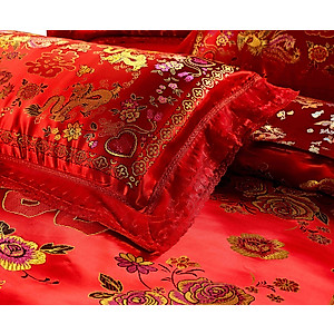 LELVA Chinese Traditional Red Sheet Asian Bedding Queen with Dragon and Phoenix Bird Embroidery Duvet Cover Set 4pcs (Queen)
