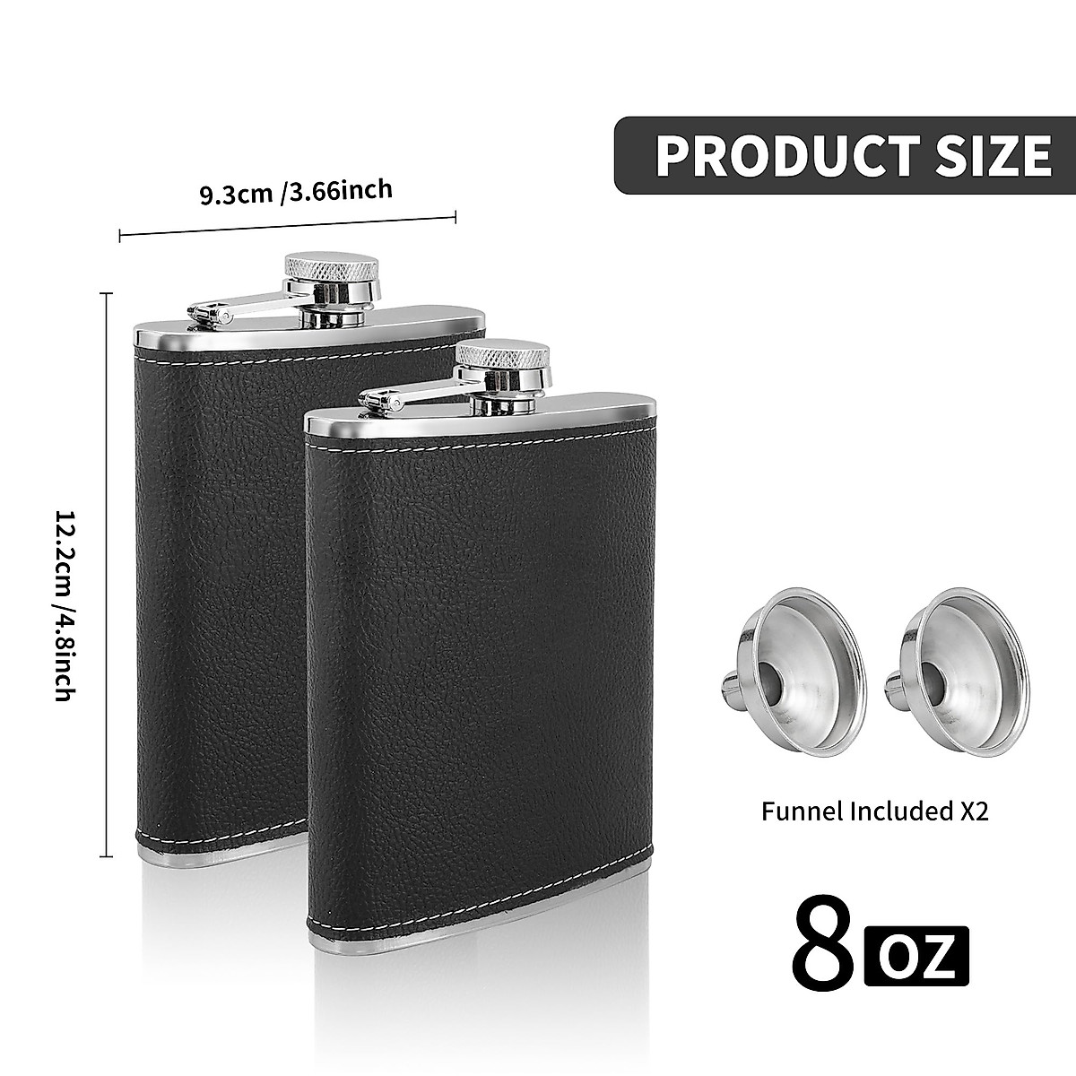 2 Pack 8 oz Leather Hip Flasks for Liquor for Men,Stainless Steel Hip Flasks with Funnel for Wedding Party, Leather Black Flasks for Liquor