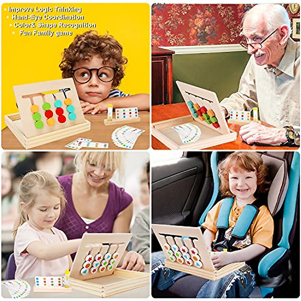 Montessori Learning Toys Slide Puzzle Color & Shape Matching Brain Teasers Logic Game Preschool Educational Wooden Toys for Kids Boys Girls Age 3 4 5 6 7 Years Old Travel Toys Birthday Gifts for Kids