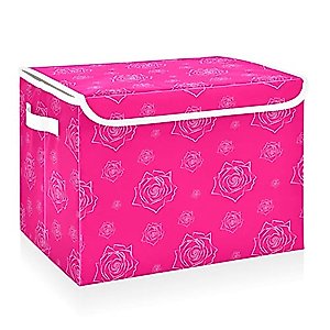 CaTaKu Roses Hot Pink Storage Bins with Lids Fabric Large Storage Container Cube Basket with Handle Decorative Storage Boxes for Organizing Clothes Shelves