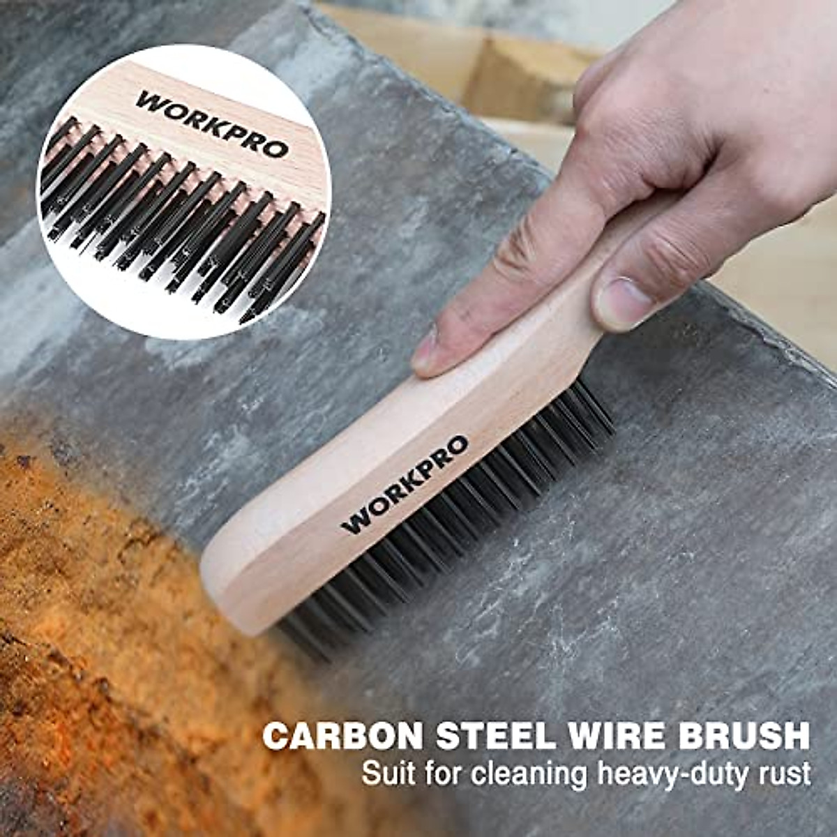 WORKPRO Wire Brush Set, 4Pcs Brass/Stainless/Carbon Steel Bristles Wire Scratch Brushes with Long Curved Beechwood Handle for Rust, Dirt & Paint Scrubbing with Deep Cleaning