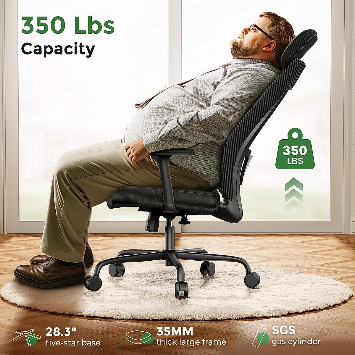 Ergonomic Office Chair 350LBS Capacity - 90-135° Any Angle Tilt Lock High Back Computer Desk Chairs, with Adjustable Lumbar Support, PU Armrests, Big Headrest for All Day Comfortable Sitting