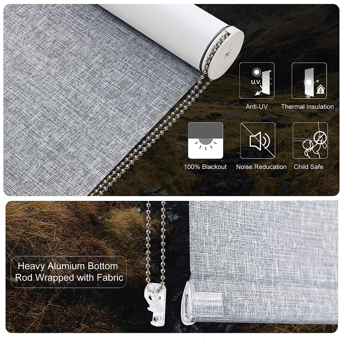 Persilux 100% Blackout Roller Shades Blinds for Windows (47''W x 72''H, Grey) Striped Jacquard Thermal Insulated Fabric UV Protection Privacy Window Shades for Bedroom, Easy to Install