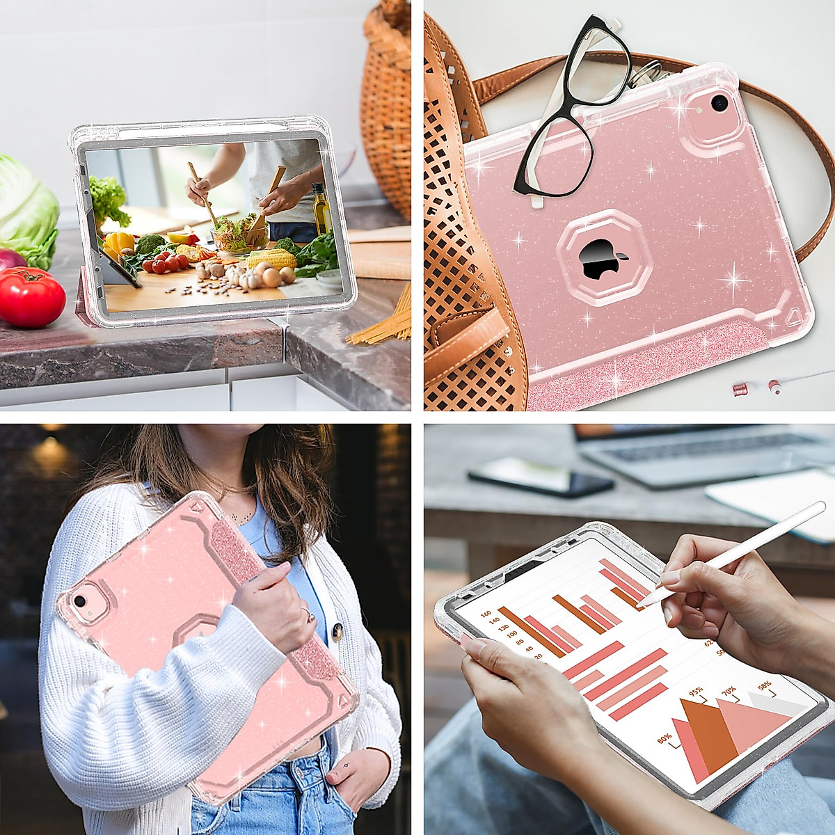 iPad Air 11 Inch Case 2024, iPad Air 5th/4th Gen Case 2022/2020 10.9 Inch with Pencil Holder, Auto Wake/Sleep, Sparkly Glitter Trifold Stand Leather Cover with Shiny Clear TPU Back, Rose Gold