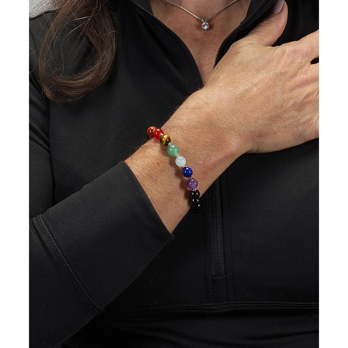 Cherry Tree Collection Chakra Stretch Bracelet | Genuine Natural 8mm Gemstones Beads, Silver Spacers | Men/Women (Black Tourmaline - Medium)