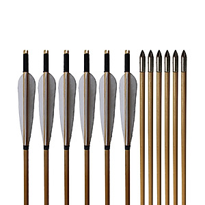 e5e10 33inch Wooden Arrows Handmade Archery Target Arrows with Field Points for Recurve Bow Longbow Hunting Practice with Turkey Feather Fletching 12PACK (White)