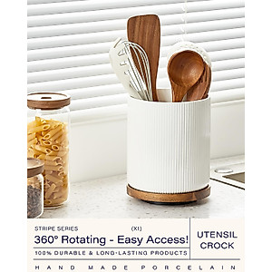 getstar Utensil Holder, 360° Rotating Large Kitchen Utensil Holder, Ceramic Cooking Utensil Holder for Kitchen Counter with Rotatable and Detachable Wooden Base