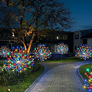 Happy Spark Solar Garden Outdoor Lights, 4 Pack Solar Firework Lights 120 LED Remote Control Decorative Lights Waterproof 8 Modes Landscape Lamp Decor Firefly Fairy Lights for Pathway Patio Yard