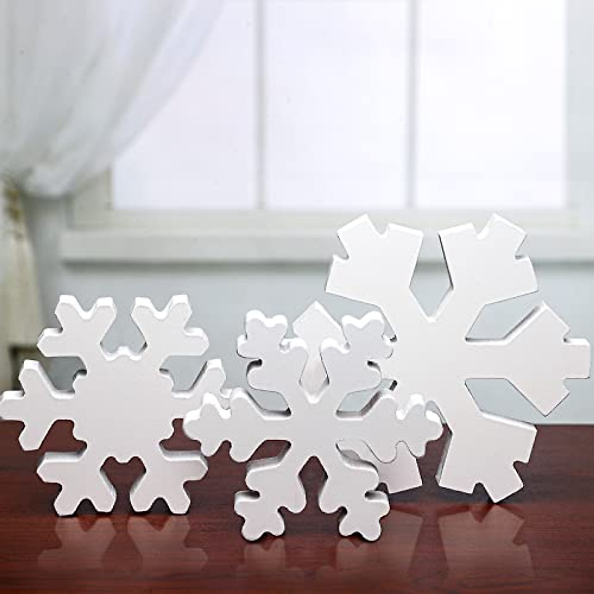 3 Pcs Winter Wooden Snowflake Decor Winter Snowflake Table Signs Wonderland Snowflake Wood Blocks Farmhouse Christmas Tiered Tray Decorations for Xmas Country Table Shelf (White)