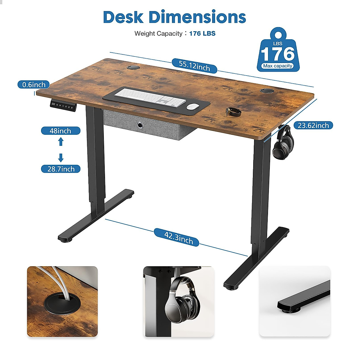 DUMOS 55 Inch Electric, Ergonomic Sit Stand Drawers, Home Office Height Adjustable Desk Computer Workstation, 23.62"D x 55.12"W x 28.74"H, Rustic Brown