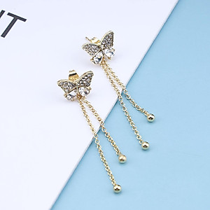 Yheakne Vintage Crystal Butterfly Stud Earrings Gold Long Chain Earrings Thin Drop Chain Earrings Cz Paved Butterfly Earrings Retro Hanging Chain Earrings Jewelry for Women and Girls