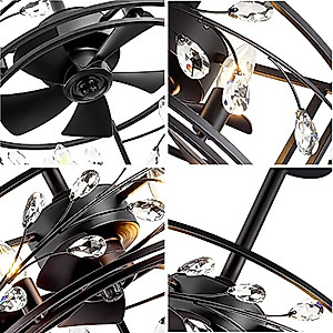 Breezary 20'' Caged Ceiling Fan with Lights Remote Control, 5 Reversible Blades Modern Chandelier Crystal Lighting Ceiling Fans for Bedroom Office