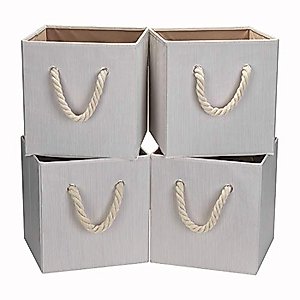Robuy Set of 4 Beige Foldable Bamboo Fabric Cube Storage Bins with Cotton Rope Handle, Collapsible Resistant Basket Box Organizer for Shelves Size (10.5x10.5 x11 inch)