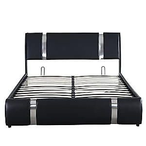 Metal Queen Bed Frame Queen Size Upholstered Faux Leather Platform Bed with a Hydraulic Storage System, Black