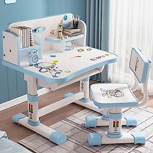 Kids Study Desk and Chair Set, Multi Functional Height Adjustable Children School Study Desk with Cartoon Pattern, Ergonomic Desk Chair with Large Writing Board, Bookshelf and Book Bucket (Blue)