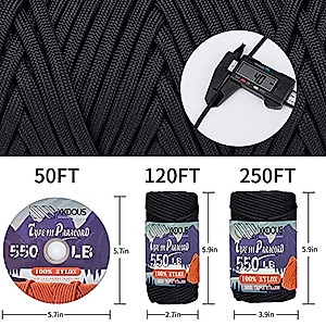 XKDOUS 550 Paracord 50ft Black Parachute Cord, 100% Nylon 7 Strand Inner Core Type III Tactical Paracord Rope, Outside Survival Gear for Bracelets, Lanyards, Handle Wraps, Camping & Hiking