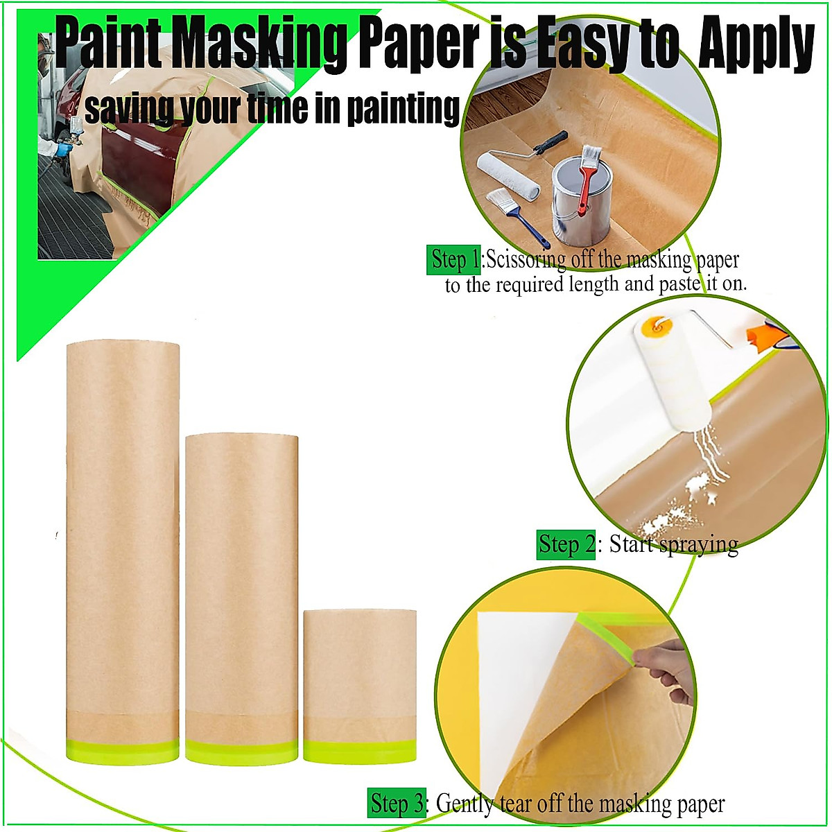 YUNXIHUI Masking Paper, 6 Rolls Automotive Paint Paper Roll with Tape, Assorted Sizes Tape and Drape, Masking Paper for Painting Car and Auto Body,Floor Protection, Wall Covering(6in 12in 18in)