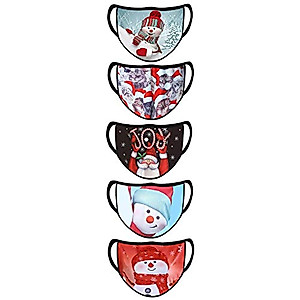 Missli 【USA Stock 5Pcs Unisex Face_Mask, Washable Reusable Cloth Face Covering, Fashion Protective Mouth Covering for Outdoor Activities, Christmas Santa Snowman Printed