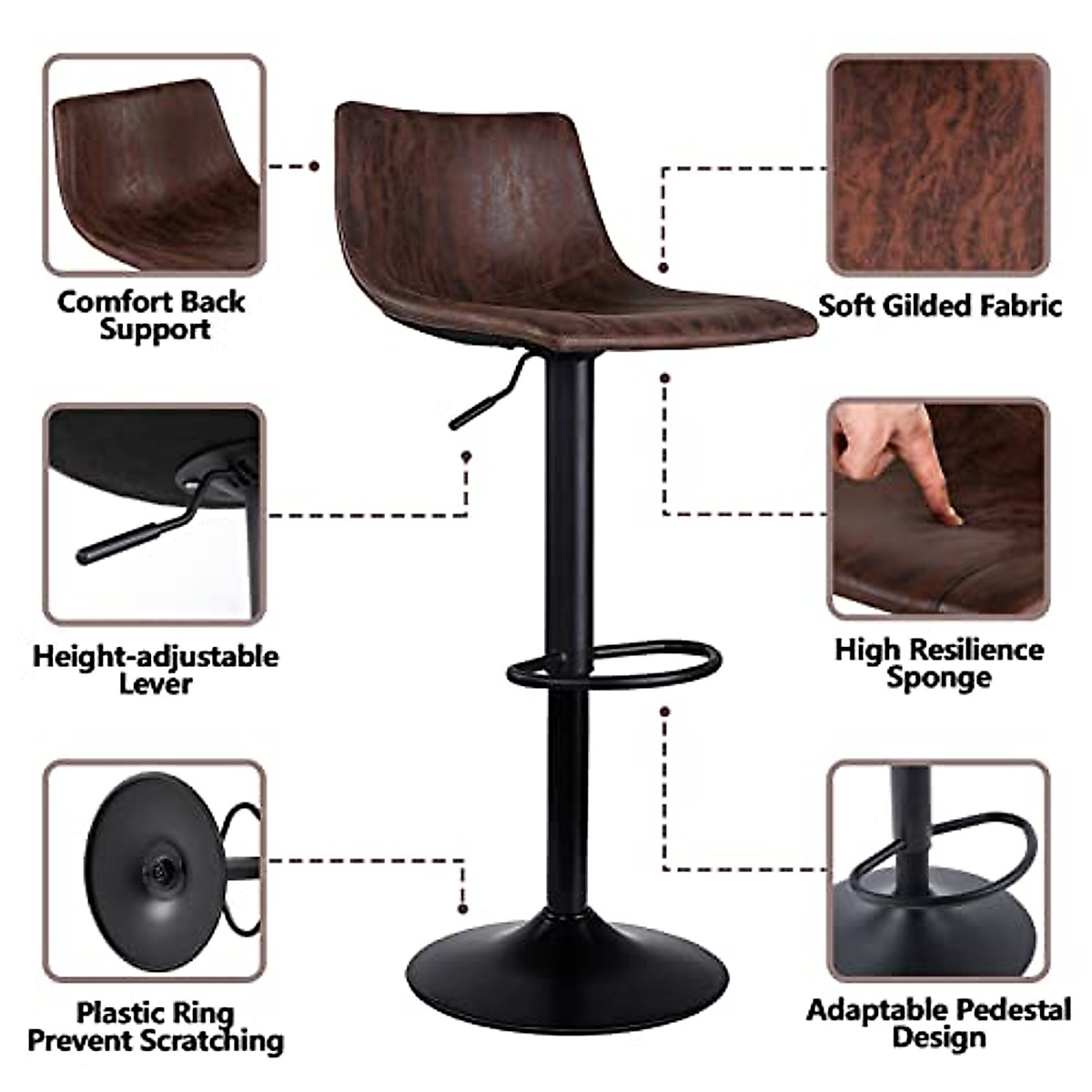 SUPERJARE Bar Stools Set of 2-360° Swivel Barstool Chairs with Back, Adjustable Height Bar Chairs, Modern Pub Kitchen Counter Height, Retro Brown, Fabric