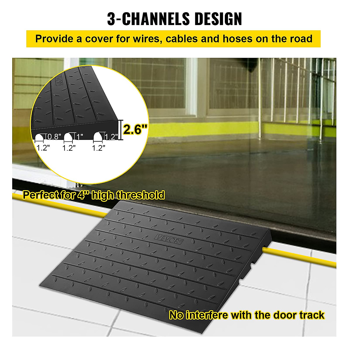 VEVOR , 2.6" Rise threshold ramp Doorway, 3 Channels Cord Cover Rubber Solid, Rubber Angled Entry Rated 2200Lbs Load Capacity for Wheelchair and Scooter