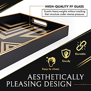 DIVERSITY TRADE Gold & Black Serving Tray w/ Handles – 17'' x 12'' Black Decorative Tray Large Ottoman TrayLiving Room Leak Proof Coffee Table Tray Glass Serving TrayOttoman Coffee Table (CX80225)