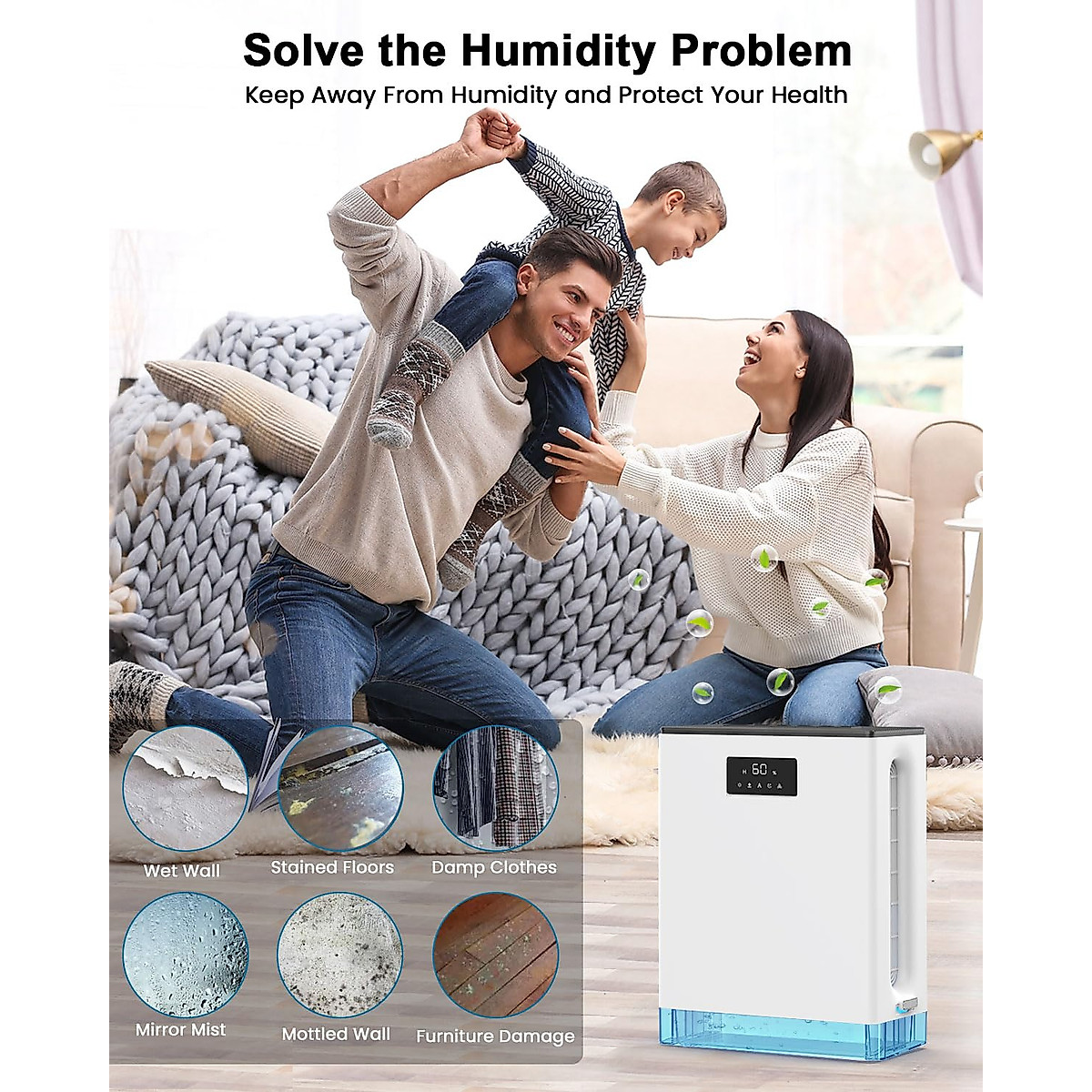 BIZEWO Dehumidifier for Home, Queit Dehumidifiers for Basement, Bathroom, Bedroom with 101 oz Water Tank, Large Room Dehumidifier with 2 Working Mode, Auto Shut Off, 7 Colors LED Light