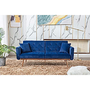 Woanke Mid Century Modern Velvet Fabric Home Living Room Bedroom, Convertible Futon Bed, Accent Sofa Recliner, Golden Metal Legs, 2 Couch Pillows, Navy