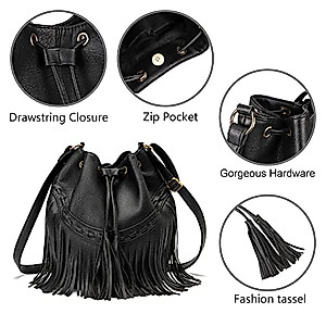 Leather Bucket Bags for Women Crossbody Purses with Drawstring Ladies Tassel Hobo and Shoulder Handbags Black