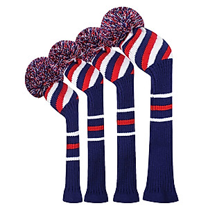 Scott Edward 4PCS Wood Golf Head Cover Knit, for Driver Fairway Hybrid, with Rotating Number Tags Blue Red White