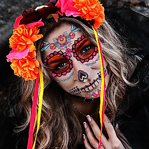 KEPATO 2Pcs Day of The Dead Headband, Mexican Flower Crown Veil Headpiece with Sugar Skull Print Face Tattoo for Women Halloween,Dia De Los Muertos
