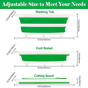 Collapsible Cutting Board, Foldable Chopping Board with Colander, Multifunctional Kitchen Vegetable Washing Basket Silicone Dish Tub for BBQ Prep/Picnic/Camping(Green)