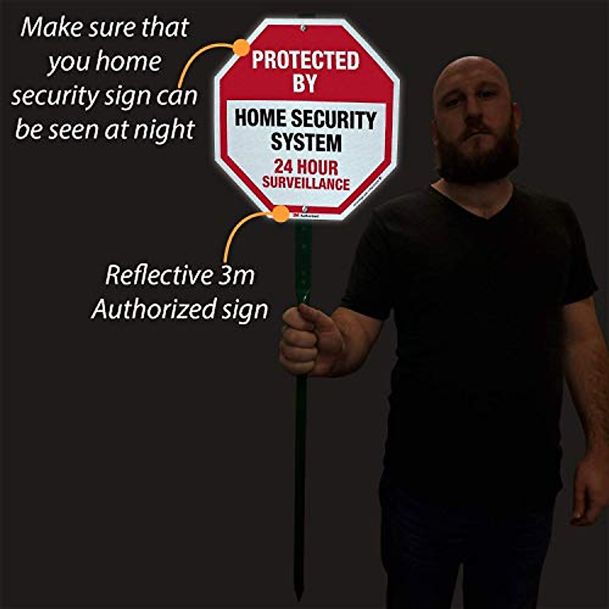 SmartSign 10 x 10 inch “Protected By Home Security System - 24 Hour Surveillance” Yard Sign with 3 foot Stake, 40 mil Aluminum 3M Laminated Engineer Grade Reflective, Red, Black and White, Set of 1