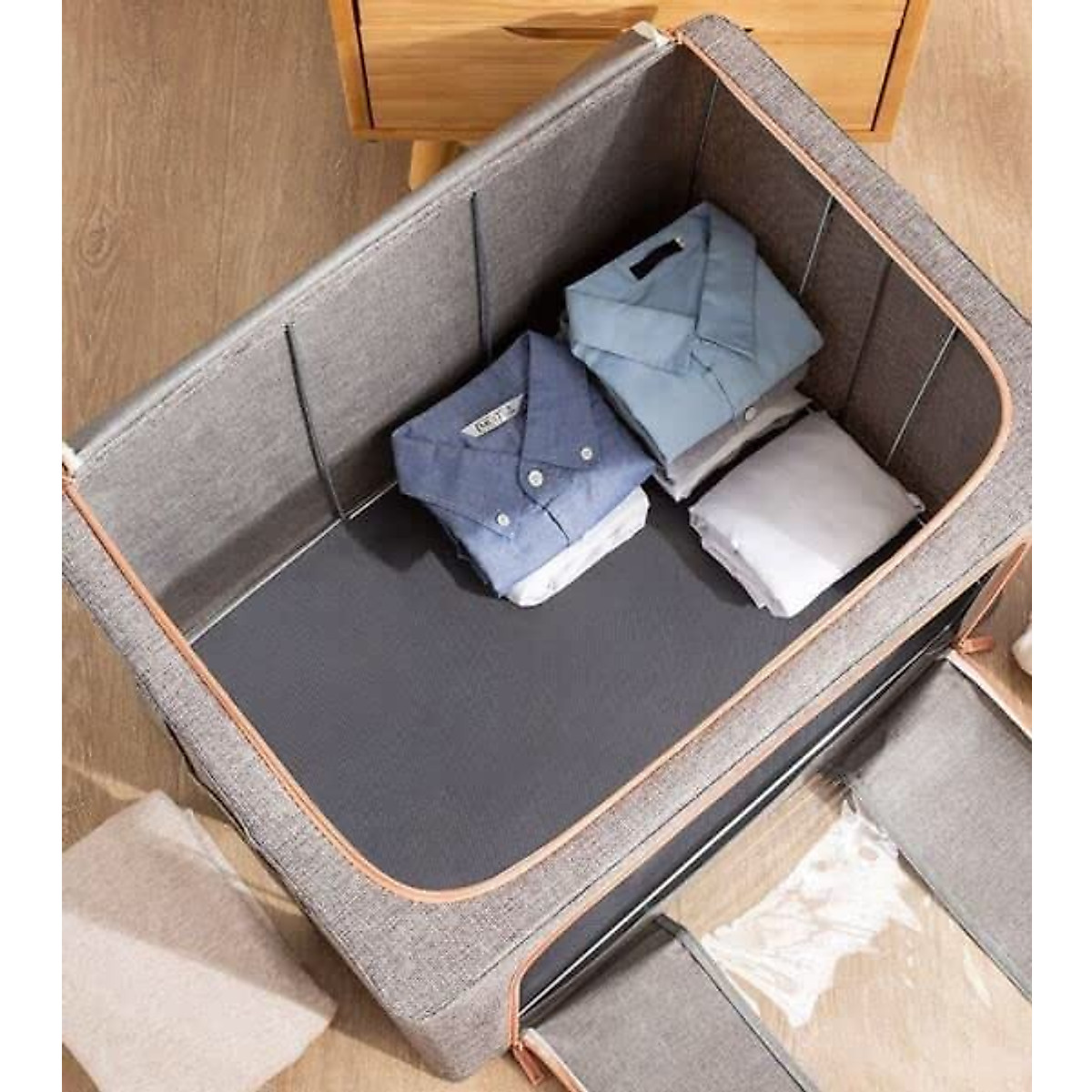 Clothes Storage Organizer with Metal Frame (Set of 2), Extra Large 66L | Foldable Storage Bin Boxes with Clear Window | Stackable, Moisture Proof, Dust Proof | Strong Carry Handles for Clothing, Bedding, Blanket, Closet | Clothes Storage (Grey)