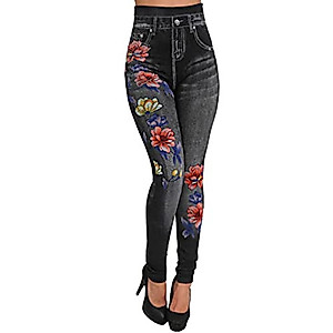 Maiyifu-GJ Women's Fake Denim Printed Leggings Plus Size High Waisted Jean Yoga Pants Seamless Stretch Full Length Jeans (Black,Large)