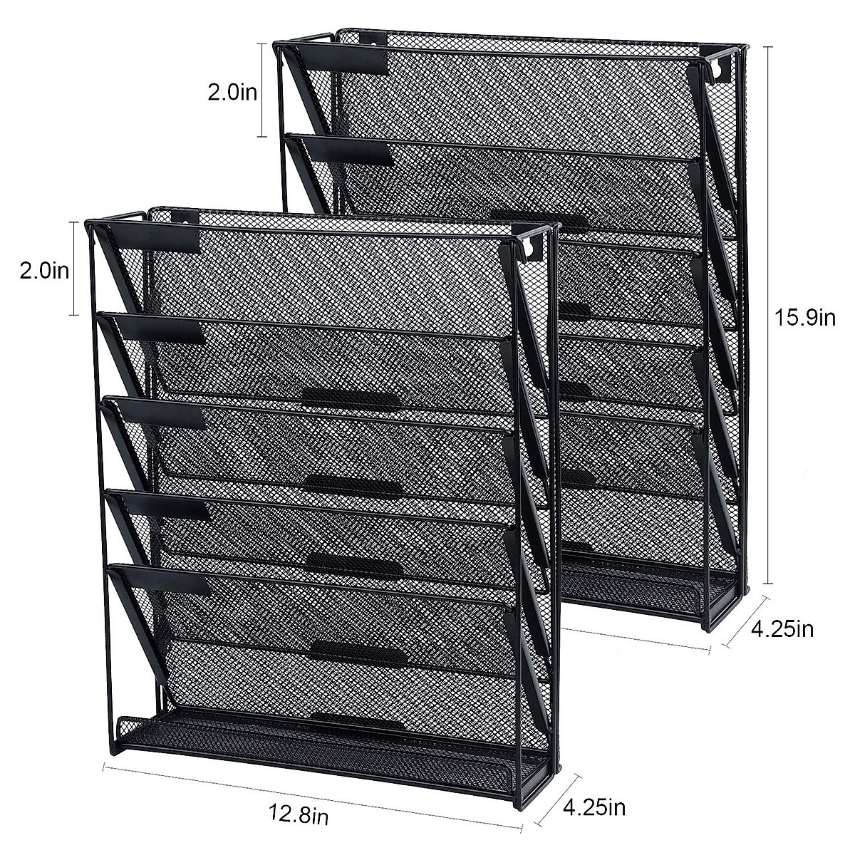 Samstar 2 Pack Wall File Organizer, 5-Tier Wall Mount Paper Holder Vertical File Rack for Office Home, Black.