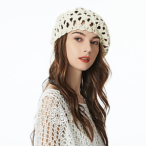 ZLYC Women Cotton Slouchy Crochet Beret Handmade Cutout Floral Beanie Hat (Beige)