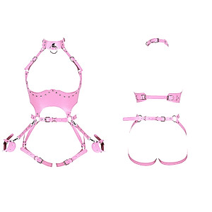 Waist Garter belt Punk Full body harness for women Photography Dance Rock Halloween Leather cage Chest strap set (Pink)