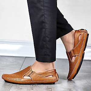 Asifn Mens Leather Driving Loafer Lightweight Slip-on Breathable Walking Boat Shoes Flat Slippers Outdoor Moccasin 9-9.5 Brown