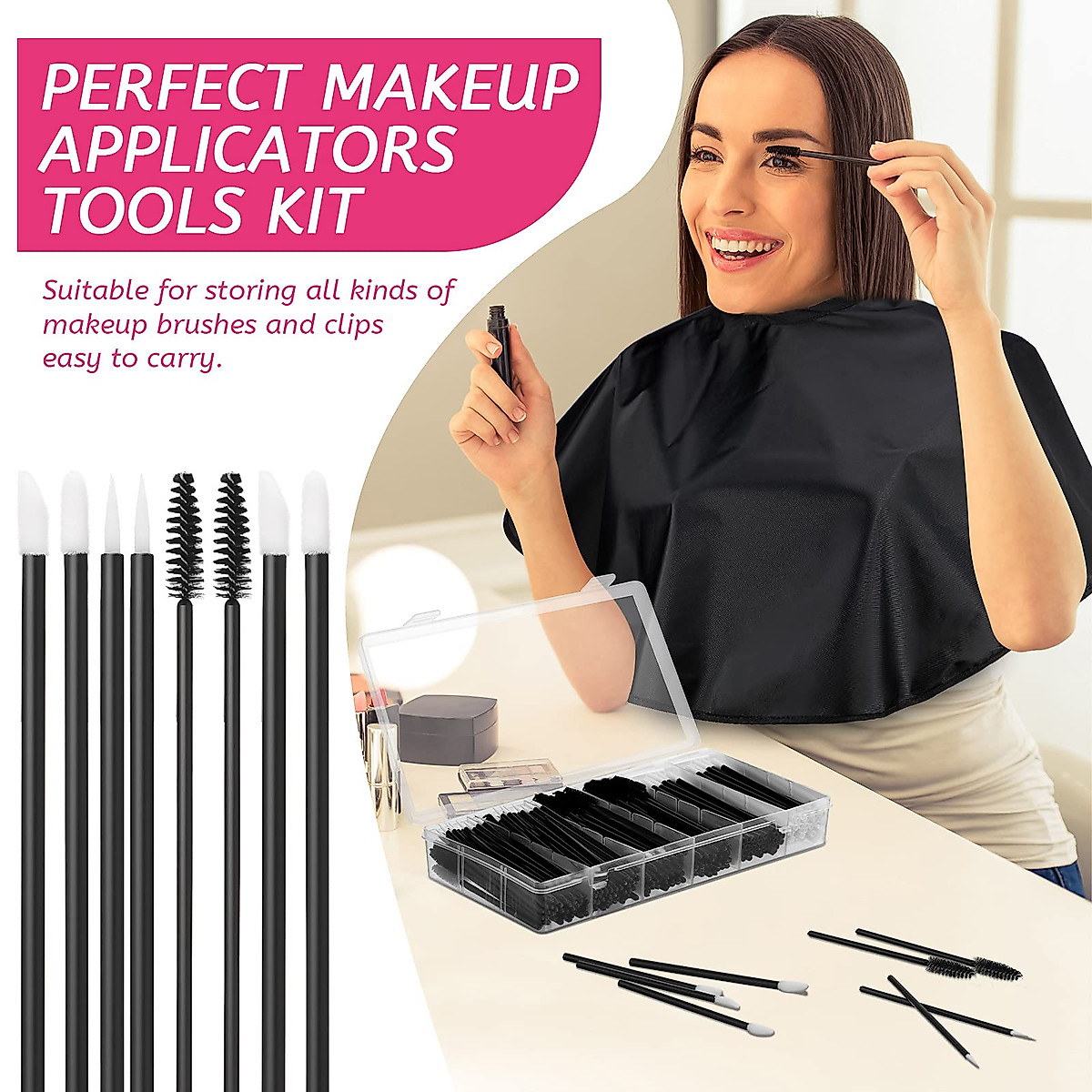 260 Pieces Disposable Makeup Tools Kit, Eyeliner Brushes Mascara Wands Lipstick Applicators Plastic Organizer Box Short Waterproof Cape Stainless Steel Makeup Palette, Spatula (Black) (Black)