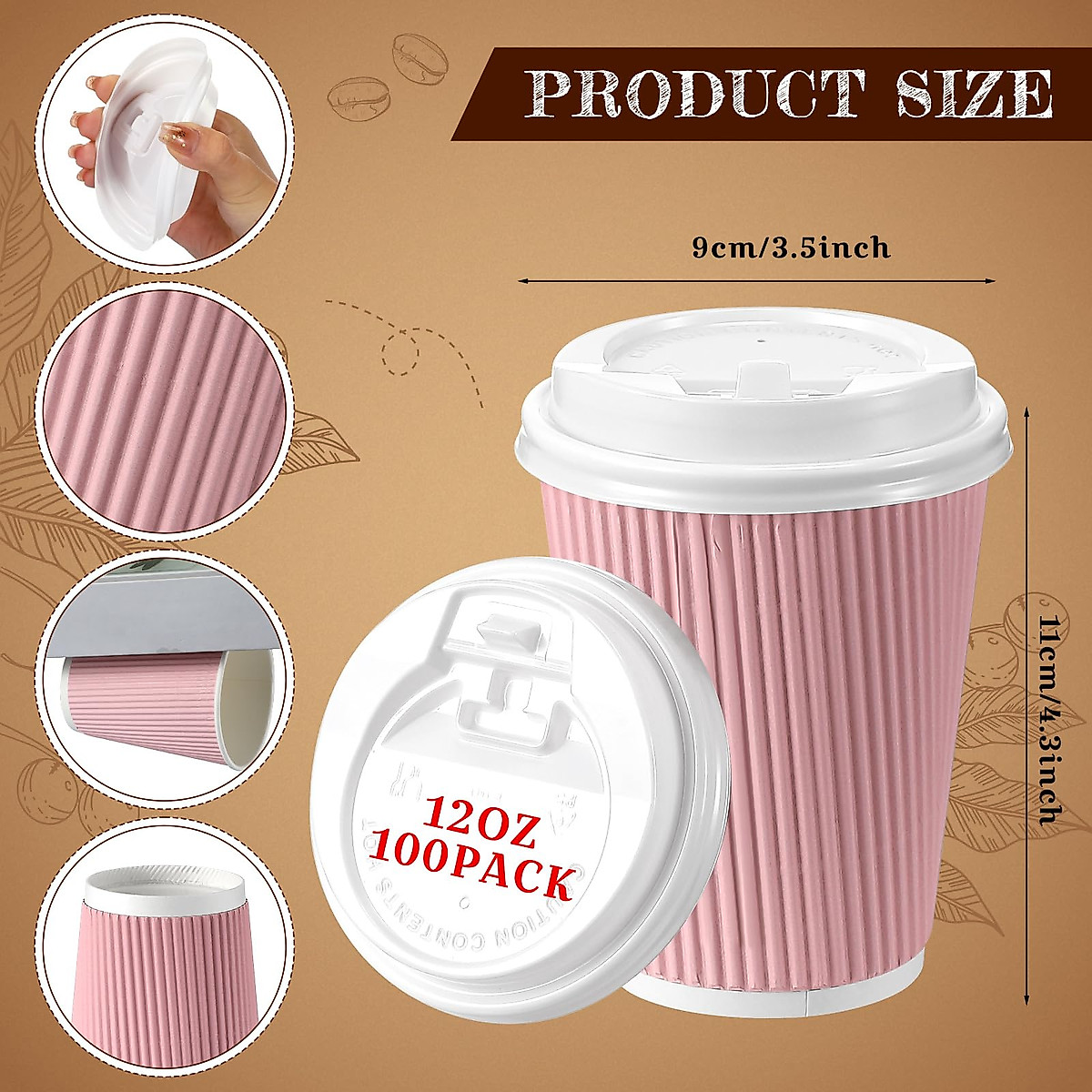 Tioncy 100 Pcs Disposable Coffee Cups with Lids Paper Cups Corrugated Ripple Wall Insulated Hot Cups with Lids for Coffee Juice Dinks Home Office Restaurant Cafe Coffee Bar Supplies (Pink,12 oz)