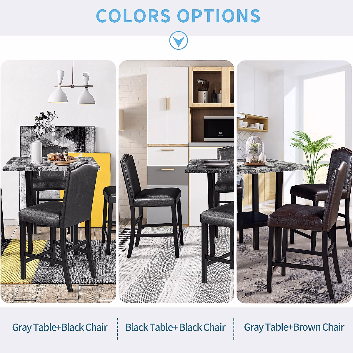 GLORHOME 5-Piece Modern Set with 4 Padded Dining, Faux Marble Top Gray Table + Black Chair