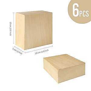 6 Pack Unfinished Wood Blocks for Crafting, 4x4x2 Inch Squares Basswood Blocks for Carving, Wood Blocks for Crafts, Basswood Carving Blocks for Class, Home DIY