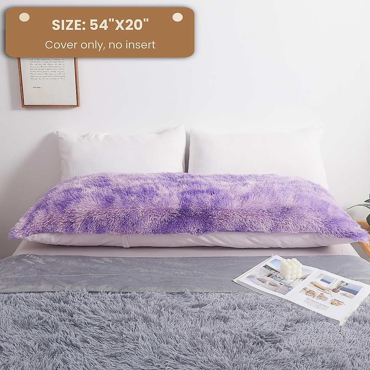 MEGO Tie Dye Print Fluffy Body Pillow Cover, 20x54 Shaggy Faux Fur Body Pillow Case, Light Purple Plush Fuzzy Body Pillowcase, Decorative Furry Long Bed Pillow with Zipper Hug Pillow Tie Dye Lavender