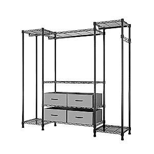 Wekity Wire Garment Rack Heavy Duty Clothes Rack，Closet Organizer Metal Garment Rack Portable Clothes Hanger Home Shelf Fabric Drawers，Freestanding Closet Wardrobe (Black)