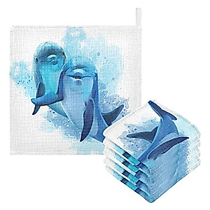 Washcloths Set Bathroom Kitchen Wash Cloths Face Towels Wipes Dolphin Sea Blue Watercolor Decorative 12x12 Inch 5 Pack