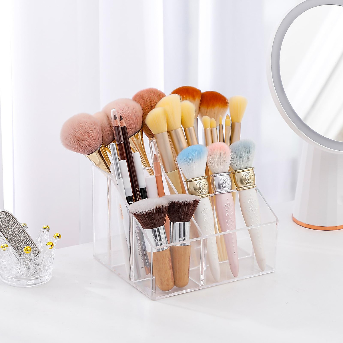 Yesesion Clear Makeup Organizer with 5 Compartments, Plastic Bathroom Counter Storage for Skincare, Toothbrush, Cosmetics Brushes, Palette, Lipsticks, Hair Accessories Holder for Vanity Dresser