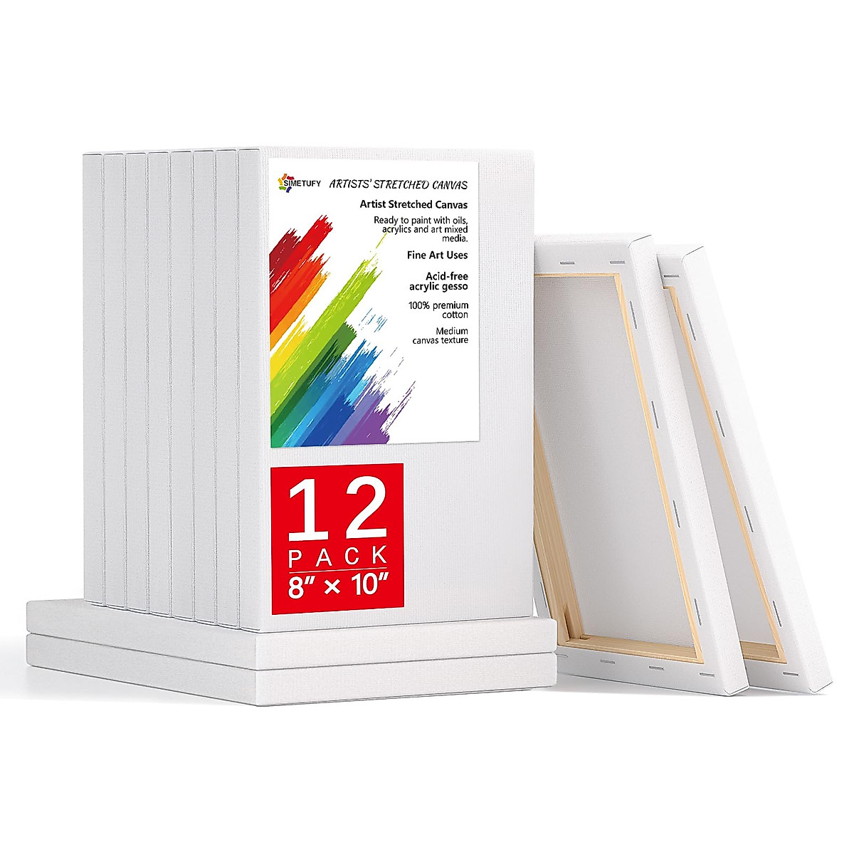 Simetufy 8x10 Inch Stretched Canvas for Painting, 12 Pack 100% Cotton Professional Blank Canvas, Canvases for Painting Using Acrylic Paint or Oil (Pre-Primed)