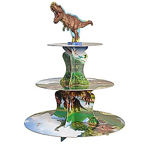3-Tier Dinosaur Cupcake Stand - Kids Boy Favor Birthday Dinosaur Party Decorations for Green Jungle Theme Party Cake Stand 1Set (1)