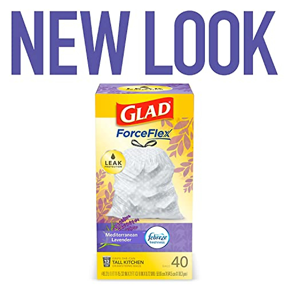 GLAD ForceFlex Tall Drawstring Trash Bags, 13 Gallon White Trash Bags for Tall Kitchen Trash Can, Mediterranean Lavender with Febreze Freshness to Eliminate Odors, 40 Count