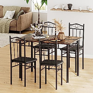 Aobafuir Kitchen Dining Room Table Sets for 4, 5 Piece Metal and Wood Rectangular Breakfast Nook, Dinette with Chairs, Industrial Retro Brown